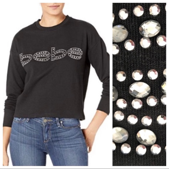 bebe | Tops | Bebe Rhinestone Logo Sweatshirt Black S M | Poshmark